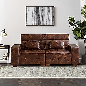 Oprisen 82”Modern Loveseat Sofa Couch for Livingroom Comfy PU Leather Loveseat Couch w/Adjust Headrest, Tufted Button Deep Seat Futon Set w/Wide Arm/Pillows for Apartment (PU-Brown)