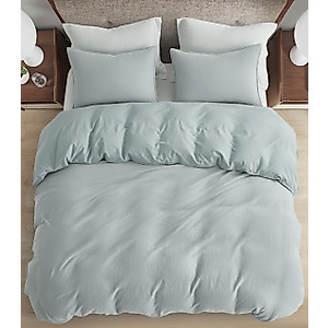 Chezmoi Collection Breeze 3-Piece Cotton Gauze King Duvet Cover Set, Light Blue-Gray Soft Washed Cotton Linen Like Textured Breathable Comforter Cover with Button Closure