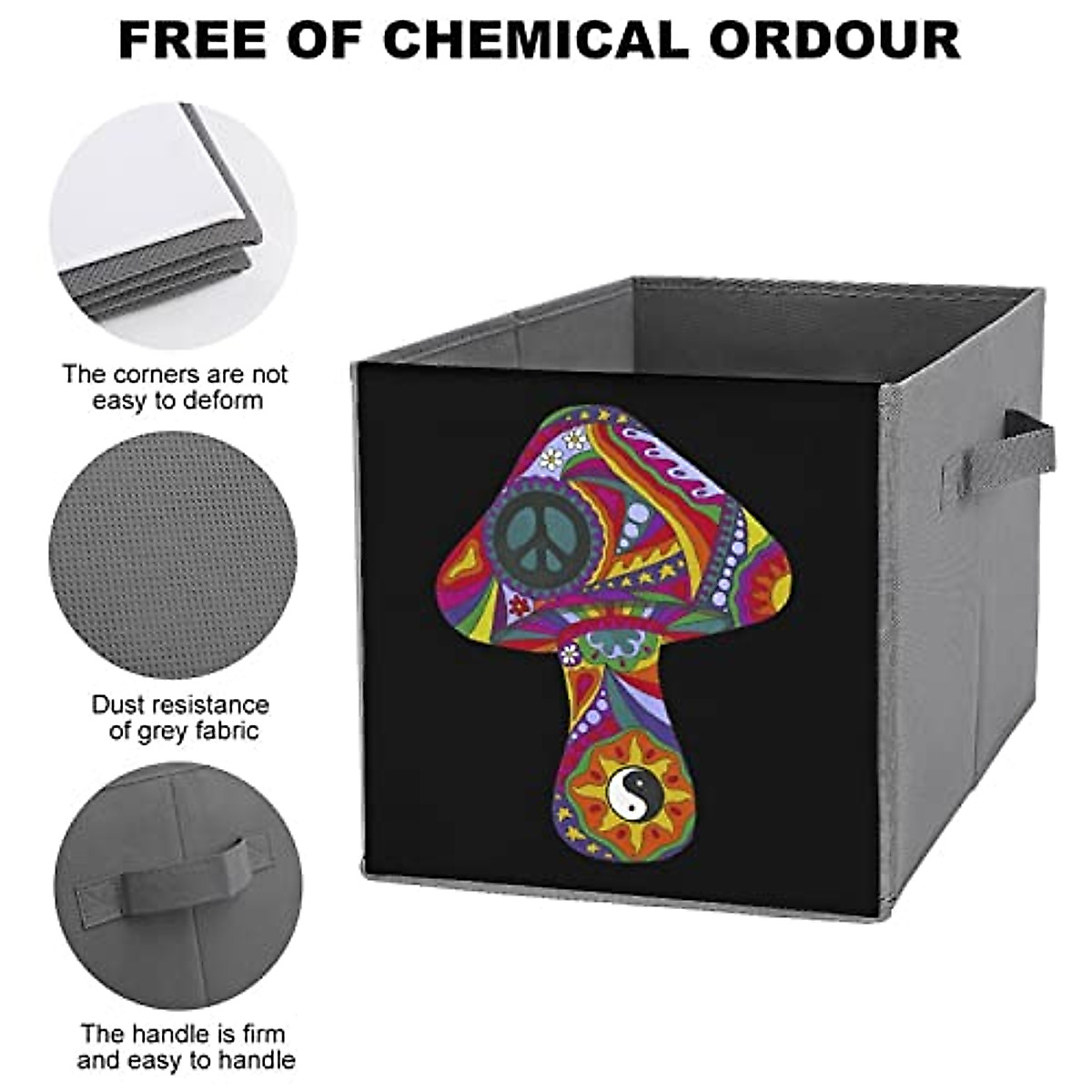 Psychedelic Mushroom PU Leather Collapsible Storage Bins Canvas Cube Organizer Basket with Handles