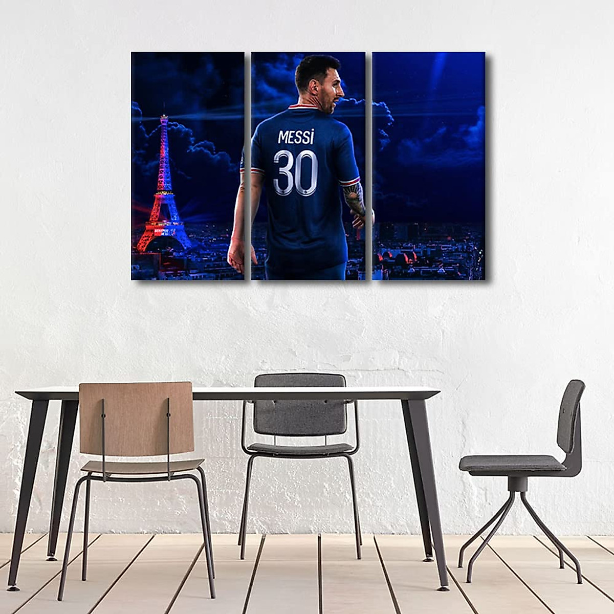 TISHIRON Soccer Superstar Messi PSG Poster Canvas Wall Art Decorative Paintings Sports Theme Design 3 Piece Home Decor Modern Aesthetics Bedroom Gym Decoration Framed Ready to Hang 36x24 in