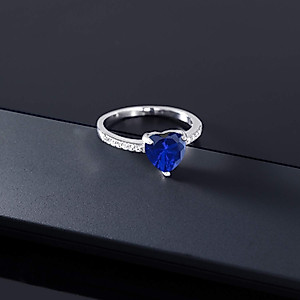Gem Stone King 925 Sterling Silver Blue Created Sapphire Ring For Women (1.14 Cttw, Heart Shape 8MM, Available in size 5, 6, 7, 8, 9)