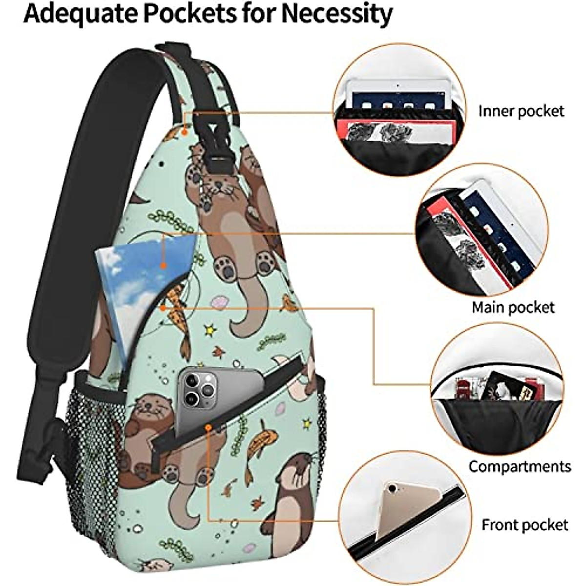 Sea Otter Unisex Sling Backpack Crossbody Shoulder Bags for Men Women Lightweight Daypacks Casual Chest Bag with Adjustable Strap for Walking Biking Hiking Travel Sport Gym