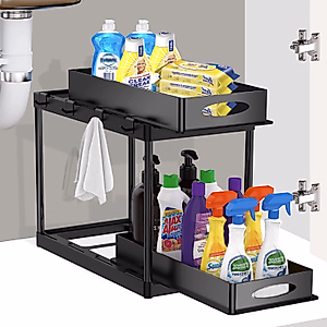 Under Sink Organizer with Dual Sliding Drawers, 2 Tier Under Kitchen Sink Organizers and Storage with 4 Hooks, Slide Out Under-Sink Storage for Bathroom Organizer, Kitchen Organization (Black)