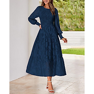 BTFBM Casual Women's 2025 Fall Dresses Elegant Wedding Guest Dress Long Sleeve Floral Midi Dress Flowy Bohemian Long Dress(Dark Blue,Small)