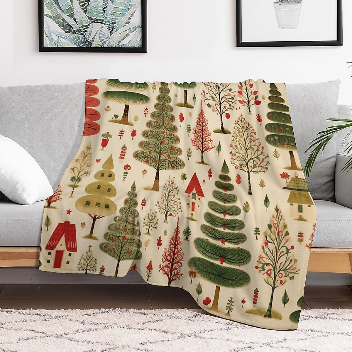 Throw Blankets Vintage Red and Green Christmas Trees Blanket Super Soft Cozy Rustic Style Nature Forest Blanket 40"x50" Couch Sofa Throw Blanket for Girls Birthday Valentines Gifts