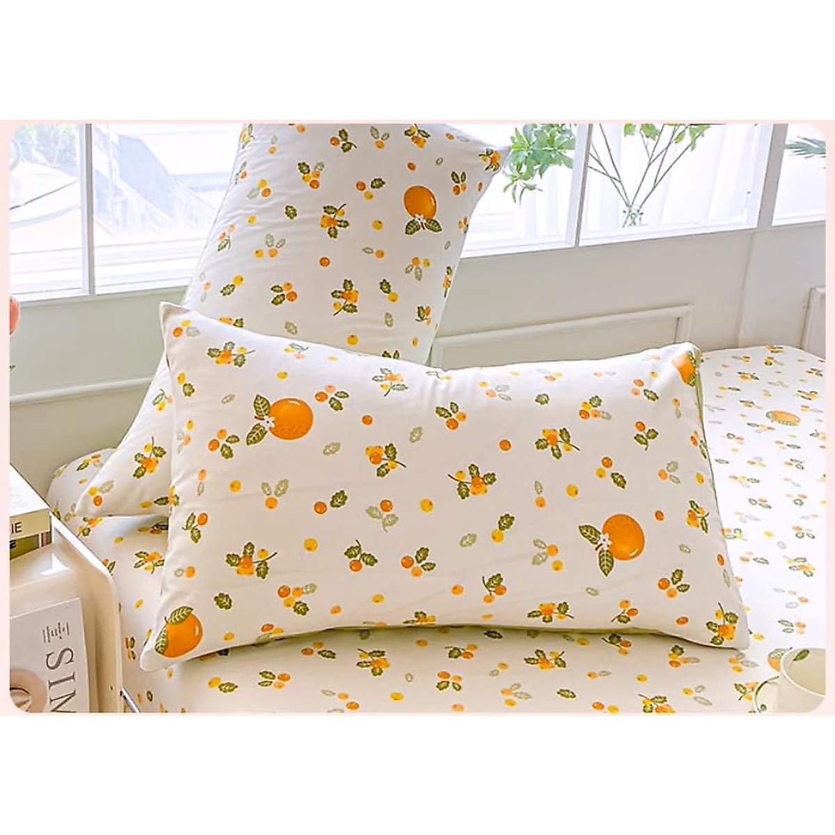 100% Cotton Fitted Sheet with Elastic Band +2pc Pillowcases Orange Fruit Print Double Queen Cal-King Size Mattress Cover for Girls Boys B99A (Queen (U.S. Standard))