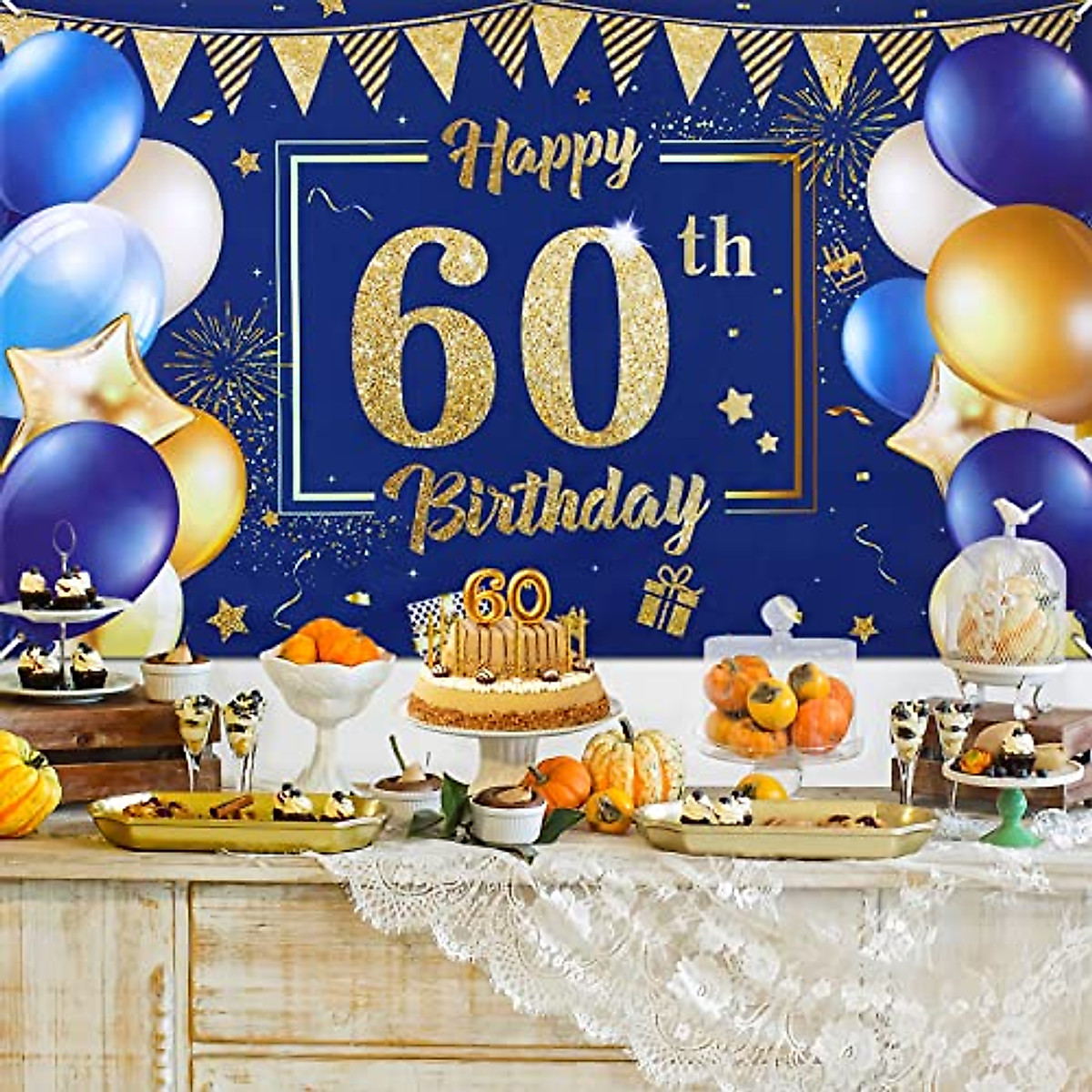 Blue 60th Birthday Decoration Banner for Men Women, Navy Blue Gold Happy 60th Birthday Banner Backdrop, Large Blue Sixty Years Old Birthday Anniversary Banner Photography Background Party Décor