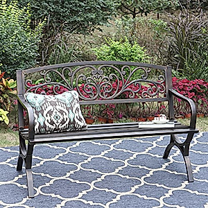 Sophia & William 50‘’ Outdoor Garden Bench Patio Park Bench, Cast Iron Metal Frame Furniture with Floral Design Backrest for Porch Yard Lawn Deck, Bronze