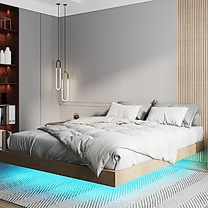 HomeModrn Floatzy Floating RGB Led Platform Bed Frame – Solid Wood with Mattress Foundation – No Box Spring Needed, Easy Assembly, Heavy Duty, No-Slip Bed Foundation (California King, Golden Pecan)