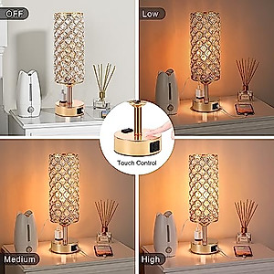 Hong-in Gold Lamps Set of 2, Dimmable Gold Lamps for Nightstand with USB-C+A & AC Charging Ports, 3-Way USB Crystal Lamp, Bedside Desk Light for Bedroom Living Room Home Office(Bulb Included)