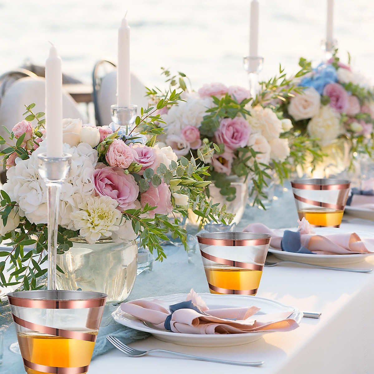 Gejoy 9 oz Rimmed Swirl Plastic Cups Disposable Wine Drinking Cups Clear Elegant Wedding Tumblers for Engagement Single Party Supplies(Rose Gold)