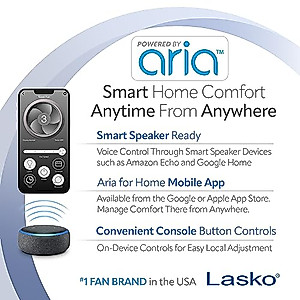 Lasko Smart Oscillating Tower Fan Powered by Aria, Wi-Fi Connected, Voice Controlled, Compatible with Alexa and Google Assistant, Timer, 5-Speeds, 40", White, T40735, Large