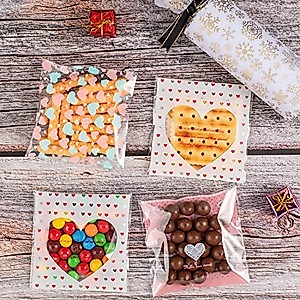 Whaline 400 Pieces Valentine Cellophane Bags Cookie Treat Bags, Heart Self-Adhesive Clear Plastic Candy Bags Party Favor Gifts Goodies Bags, 4 Styles
