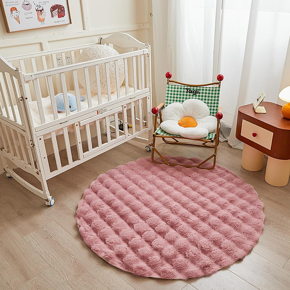 Pink Round Rabbit Plush Rug for Bedroom Living Room Sofa,4'X4' Faux Fur Fluffy Shaggy Circle Rug for Kids Teen Girls Room,Furry Carpet Circular Rug for Nursery Baby Room