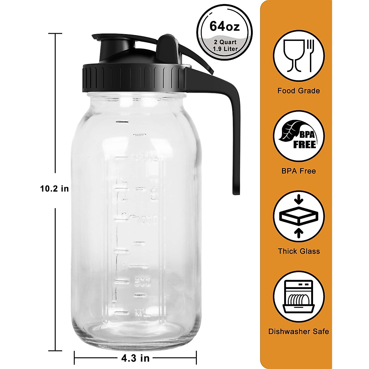 64 oz Mason Jar Pour Spout, 2 Quart Glass Water Pitcher with Lid, Airtight Seal for Great for Iced Tea,Juice,Milk,Coffee,Sun Lemonade, Set of 1(Black)