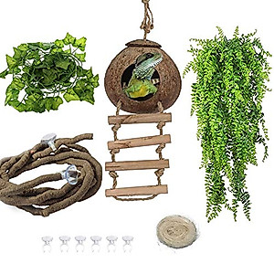 kathson Lizard Coco Den with Ladder, Bearded Dragon Tank Accessories Gecko Coconut Husk Hut with Jungle Climber Vines with Suction Cups Habitat Décor