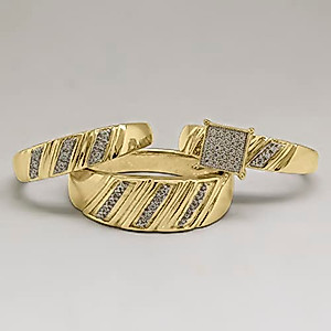 Pretty Jewels 10k Yellow Gold 0.20 Carat (ctw) Round Cut Natural White Diamond Three Row Anniversary Wedding Trio Ring Sets For His & Her (Color: H-I, Clarity: I1-I2) Wsize-4.5 & Msize-9.5