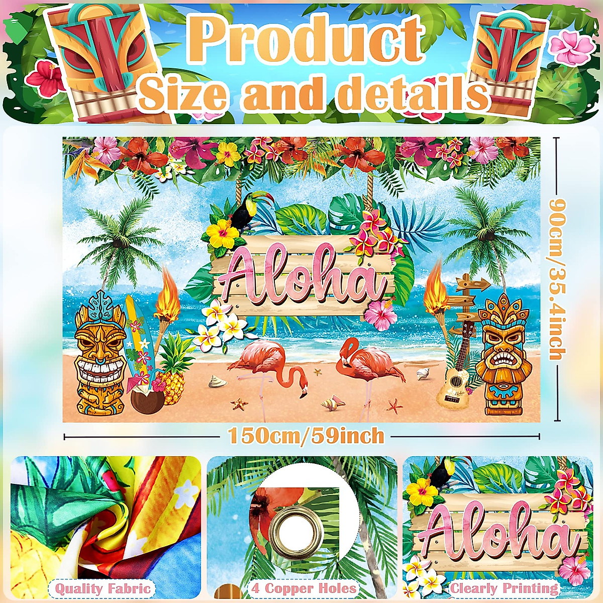 Hawaiian Luau Party Decorations(161 Pcs), Tropical Summer Beach Pool Party Supplies Including Aloha Backdrop, Table Skirt, Tablecloth, Flamingo, Palm Leaves and Hibiscus, Balloons Arch, Straws,