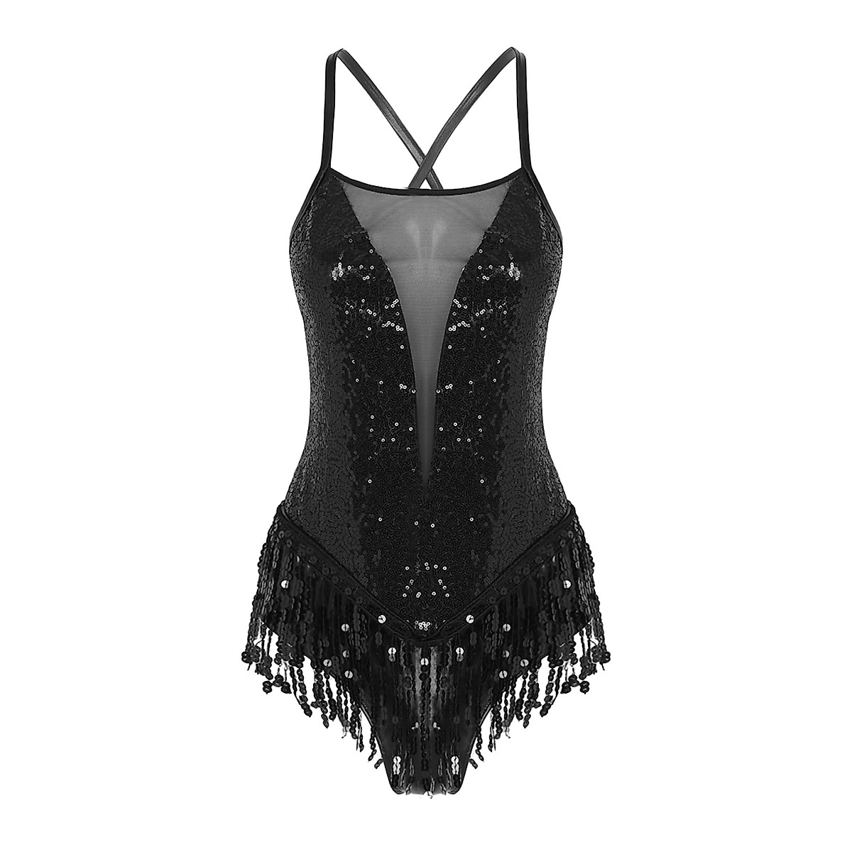 WinChang Womens Mesh Splice Sequin Leotard with Fringe for Latin Dance Gymnastics Bodysuit Black A Small