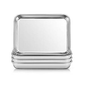E-far Stainless Steel Kids Plates, 4 Pieces Mini Metal Dinner Dish Set for Kids Toddler Child, 7.3” x 5.3” x 0.75”, Non-Toxic & & Dishwasher Safe, Great for Self-Feeding/Picnic/Outdoor Camping