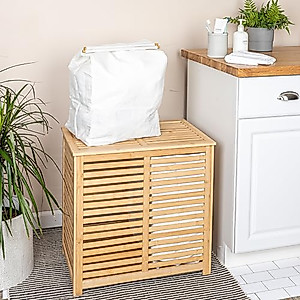 Household Essentials Bamboo and Cotton Double Laundry Sorter with Lid and Removable Cotton Bags, Natural