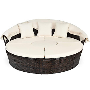 COSTWAY Patio Round Daybed with Retractable Canopy, Wicker Furniture Sectional Couch with Separate Cushioned Seats, Adjustable Table Top, Patio Rattan Daybed Sofa for Patio, Backyard, Poolside, White