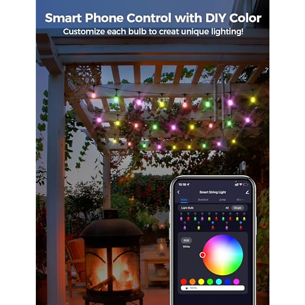 XMCOSY+ Patio Lights, 49Ft Smart Outdoor String Lights RGBW, 15 LED Bulbs, APP & WiFi Control, Compatible with Alexa, IP65 Waterproof String Lights for Outside, Color Changing Outdoor Patio Lights