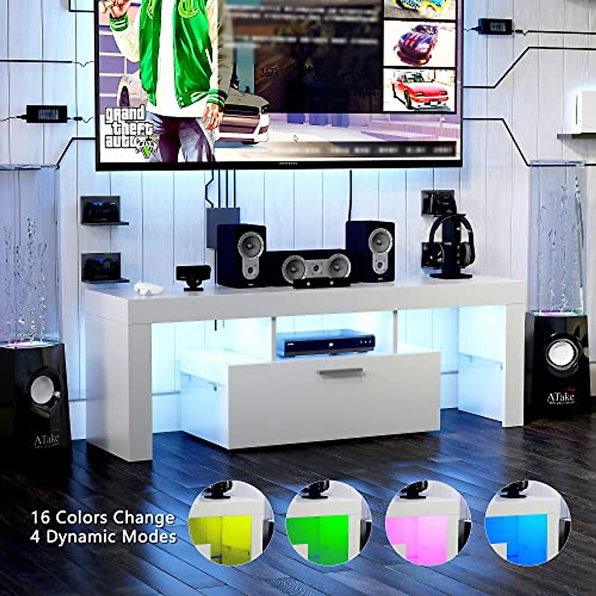 LMEREODY Modern LED TV Stand for 32/40/50/55 inch TV, Gaming Entertainment Center with LED Lights, High Glossy Television Stands with Storage, White Wood TV Console for Living Room, Bedroom