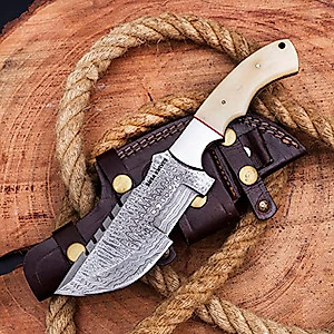 SUSA KNIVES Handmade Damascus Tracker Knife with Bone Handle - Survival Knife - Camping Knife - Damascus Steel Knife - Damascus Hunting Knife with Sheath Horizontal Carry Fixed Blade Knife (WHITE)