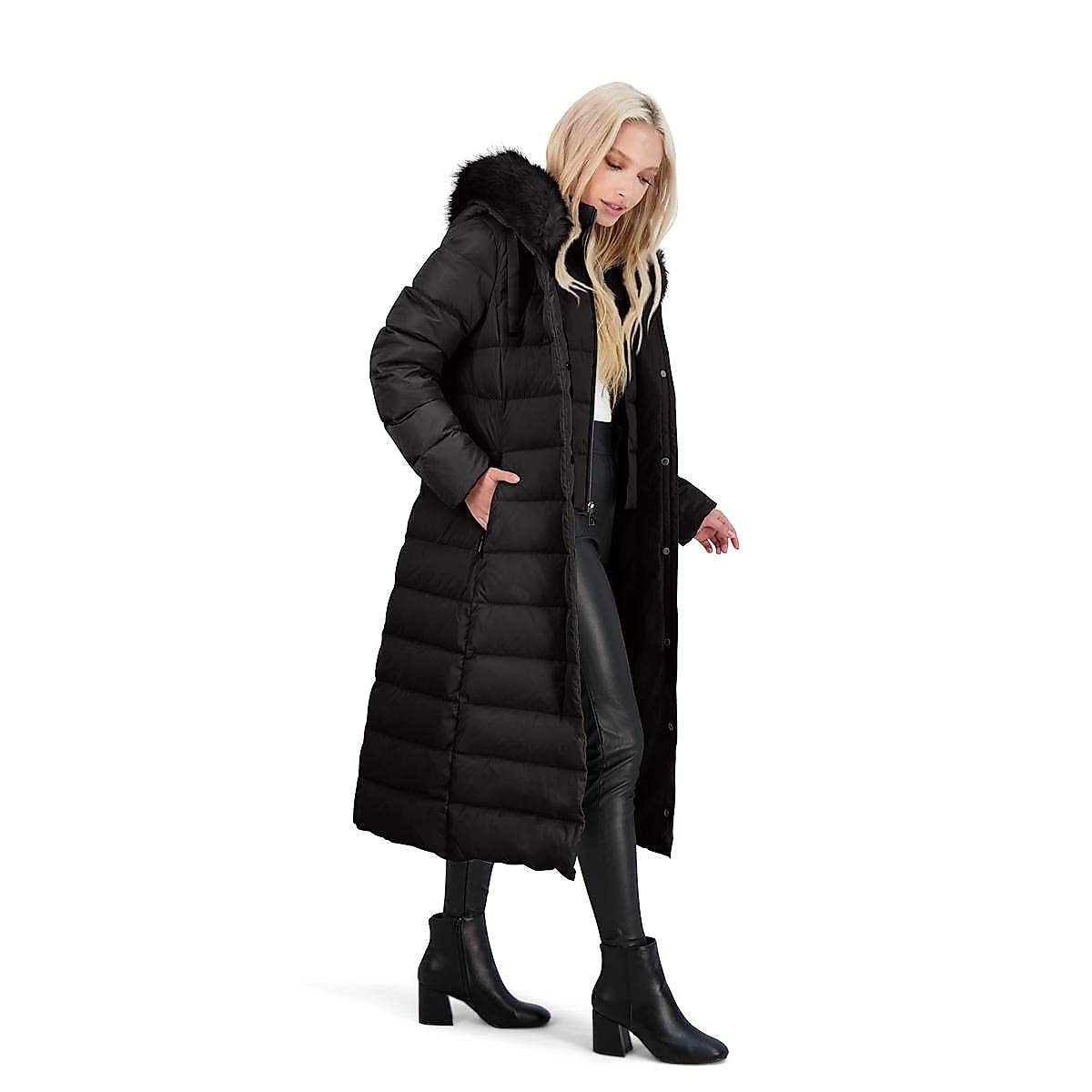 Tahari Nellie Womens Removable Faux Fur Trim Long Down Coat Jacket Black Size XL