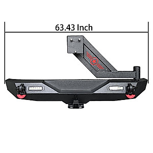 TIOYAR Rear Bumper Off-Road Compatible with 2007-2017 Jeep Wrangler JK & JKU w/Tire Carrier Linkage & LED Lights