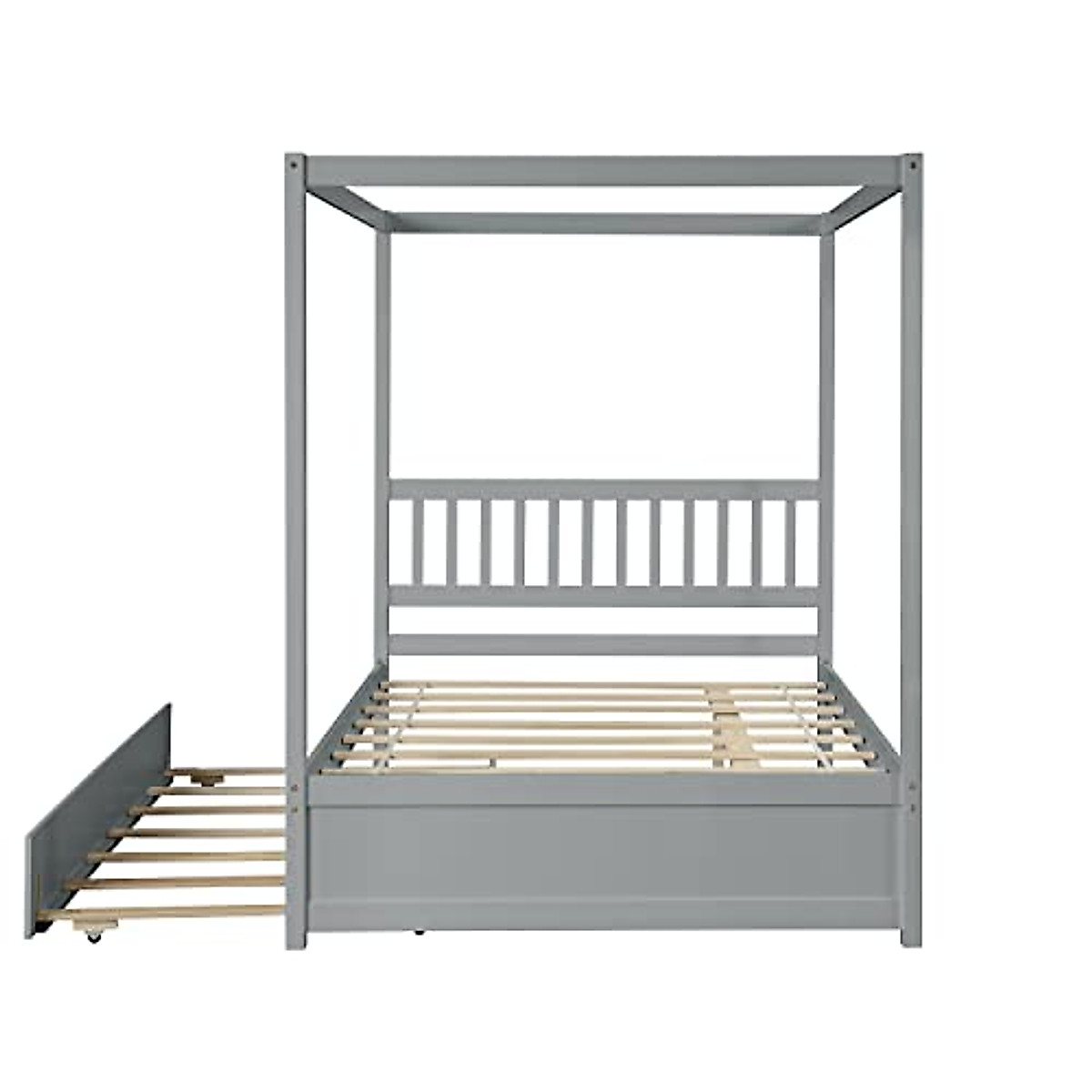 HAUSHECK Full Size Canopy Bed Frame with Trundle, Four-Poster Canopy Platform Bed Frame with Headboard for Kids, Teen, Adults, Sturdy Wooden Slatted Structure, No Box Spring Needed, Easy Assembly