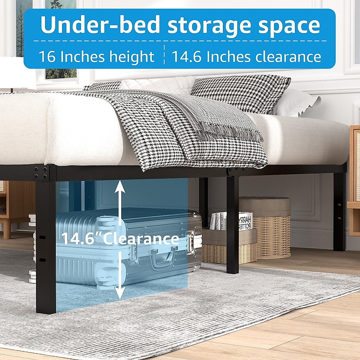 VENI HOME 16 Inch Full Bed Frame, Metal Platform Bed Frame with Steel Slats, Storage Space Under Frame, Easy to Assemble, No Box Spring Needed