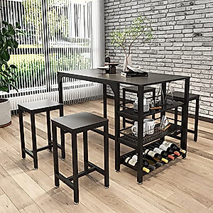 Rxicdeo Dining Table Set for 4, Kitchen Table Set with 4 Chairs, Dining Room Table with Wine Rack and Storage Shelf, Breakfast Table Space-Saving Dinette for Kitchen, Dining Room (Black)