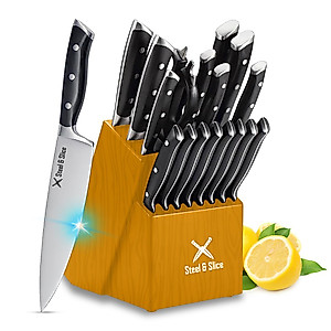 Knife Set, 19-Piece German Stainless Steel Kitchen Knife Set, Premium Knife Block Set with Knife Sharpener, Dishwasher Safe Knife Set with Block for Kitchen - 1 Year Refund Warranty