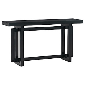 Contemporary Console Table with Industrial-inspired Concrete Wood Top, Accent Storage Cabinet Sofa Table, Buffet Storage Cabinet for Living Room Hallway Entryway Kitchen (Black + Solid Wood+MDF-O66)
