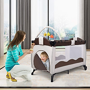 BABY JOY 3 in 1 Pack and Play, Portable Playard with Hanging Toys, 2 Lockable Wheels Diaper Changing Table, Foldable Travel Bassinet Bed (Coffee)