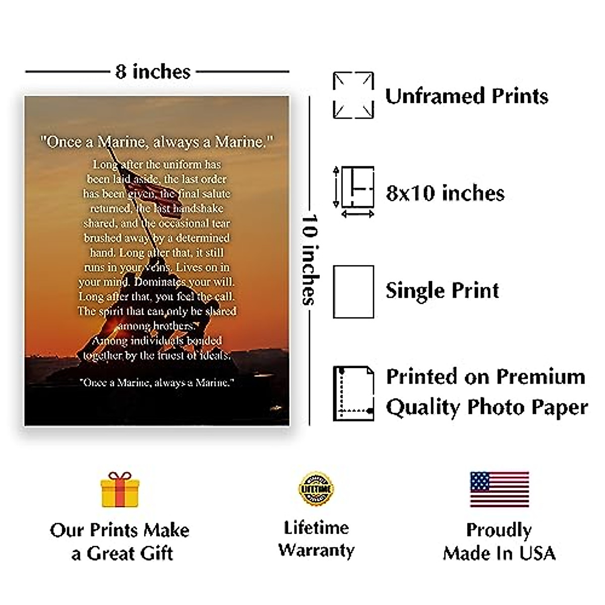 Once a Marine, Always a Marine - Inspiring USMC Creed Wall Decor Poster, This Famous American Flag Raising on Iwo Jima Is An Ideal Wall Art For Patriotic Home, Office Wall Decor, Unframed - 8x10"