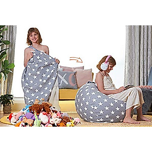 Aubliss Stuffed Animal Bean Bag Storage Chair, Beanbag Covers Only for Organizing Plush Toys, Turns into Bean Bag Seat for Kids When Filled, Large 38"-Canvas Stars Grey