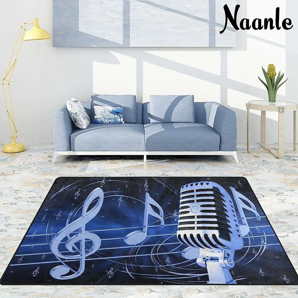 Naanle Music Musical Area Rug 5'x7', Microphone with Music Notes Polyester Area Rug Mat for Living Dining Dorm Room Bedroom Home Decorative