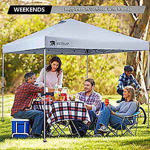 KUZNAP 10’x10’ Pop up Canopy Tent Patented EZ Set-up Canopy Instant Outdoor Canopy with Wheeled Carry Bag Bonus 4 Weight Sandbags, 8 Stakes and 4 Guyline Ropes, White