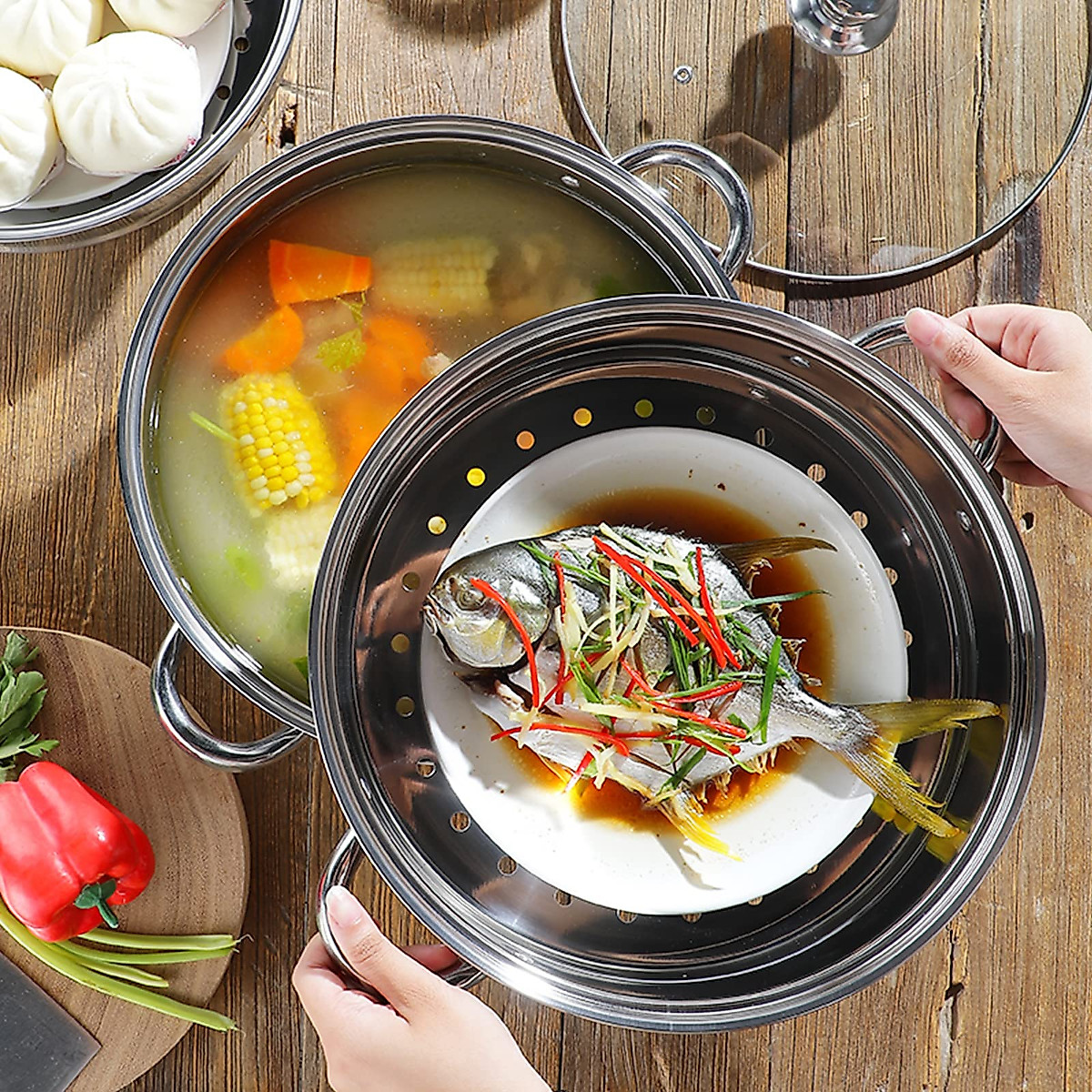 4 Piece Stainless Steel Steamer Pot Set with Glass Lid and handle,for Steamer Cooking,Casserole,Saucepan (4 layer)