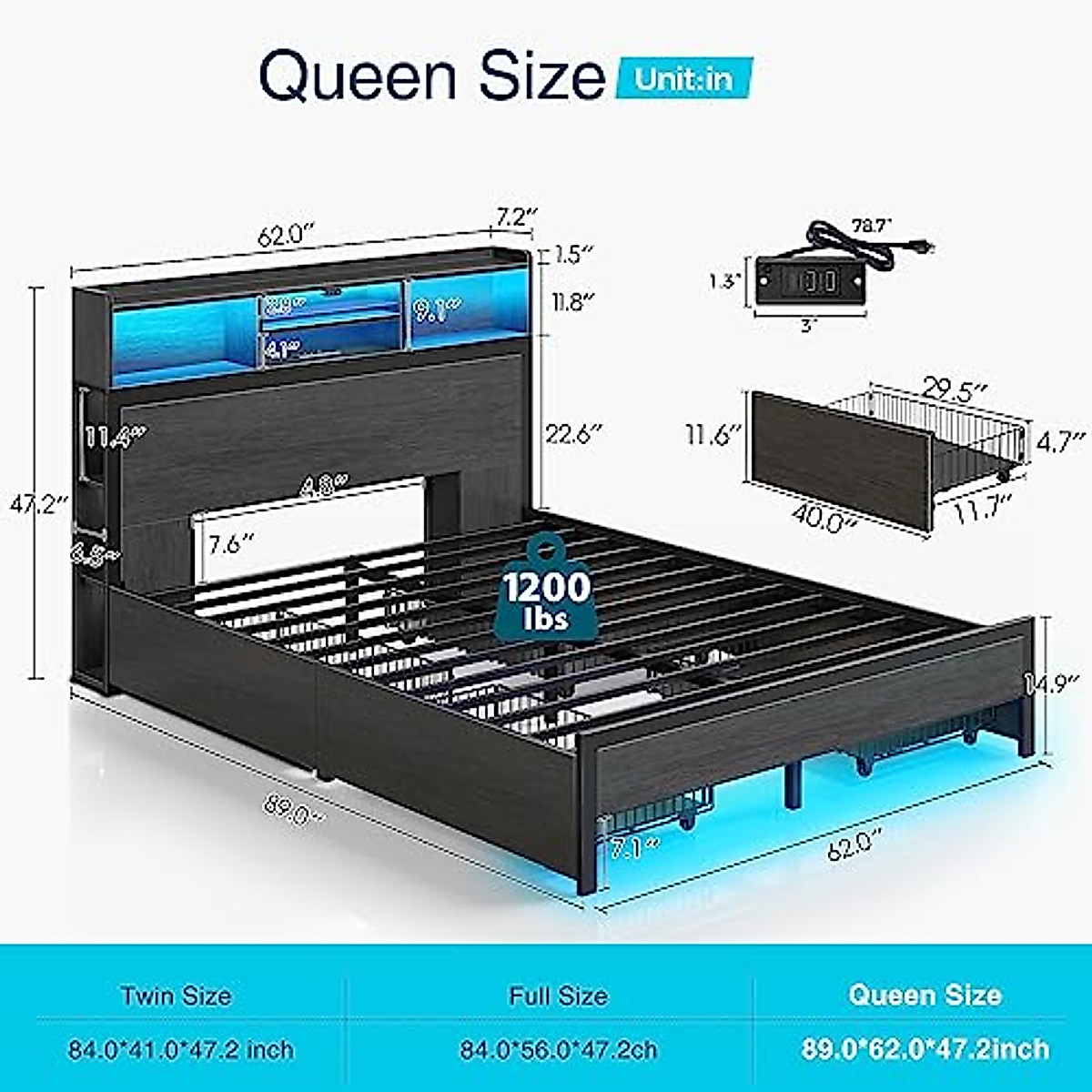 Rolanstar Queen Bed Frame with Storage Headboard, Metal Platform Bed with Charging Station, LED Bed Frame with 4 Drawers, Bookcase Storage, No Box Spring Needed, Easy Assembly, Noise-Free, Black