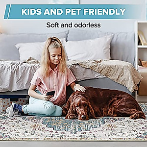 Pajata Light Blue and White Vintage 5X7 Area Rug Bohemian Floral Cover Print Distressed Carpet for Bedroom Living Room Non-Shedding