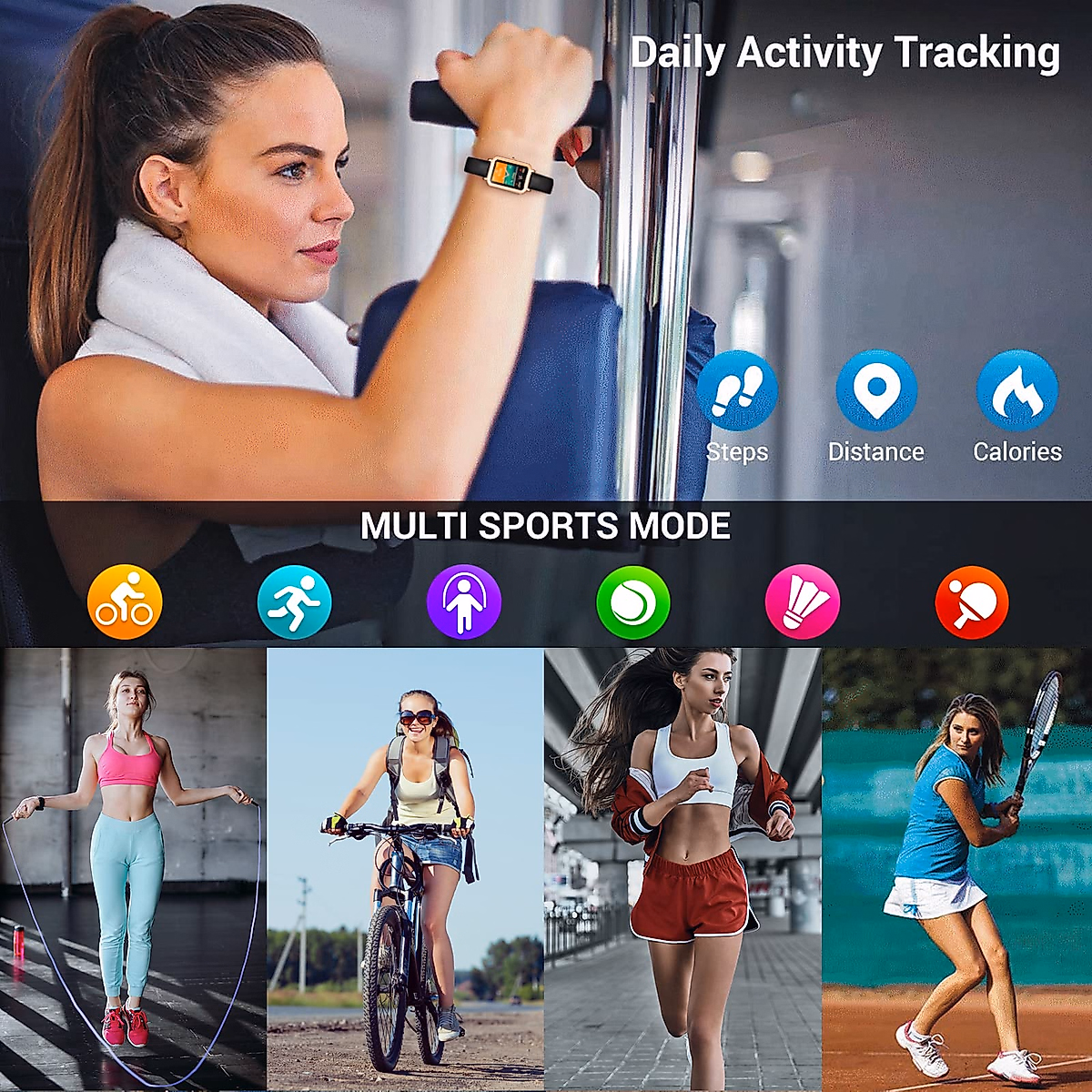 Smart Watch for Women, Waterproof Ladies Fitness Traker Blood Pressure Heart Rate Blood Oxygen Sleep Monitor Message Notification Sport Pedometer, Girls Bracelet Smartwatch for iOS Android (Black)