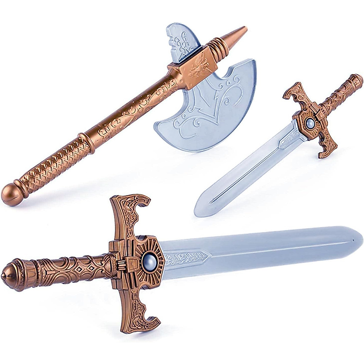 Medieval Knight in Shining Armor, Kids Crusader Pretend Role Play Plastic Costume Dress Up Cosplay with Toy Swords, Axe, Shield, Weapons & Accessories Playset