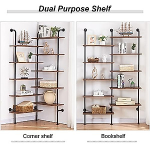 HOMBAZAAR Bookshelf,10-Tier L Shaped, Industrial Double Wide Wall Mount, Modern Bookcase with Metal Frame and Wood, Industrial Corner Pipe Shelf for Living Room and Office, Brown