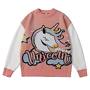 PENNY73 Cartoon Unicorn Print Sweater Long Sleeve Matching Couples Sweatshirt Warm for Autumn and Winter,Pink,M(162cm60kg)