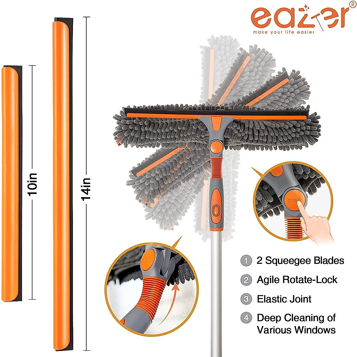 eazer Squeegee Window Cleaner 2 in 1 Rotatable Window Cleaning Tool Kit with Extension Pole, 62'' Telescopic Window Washing Equipment with Bendable and Adjustable Head for Indoor/Outdoor Car Glass