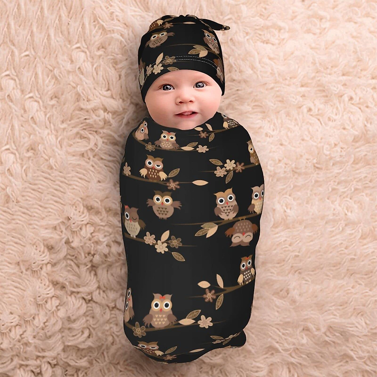 Qwalnely Swaddling Blanket for Baby, Sleeping Sacks, Unisex Baby Stuff with Hat, Black, Owl